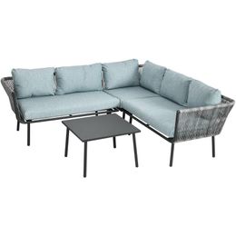 Outsunny Rattan Gartenmöbel-Set für 4 Personen Sitzgarnitur mit Kissen für Balkon Alu Grau - Grau+Blau