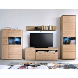 Lomadox TV-Wohnwand TIJUANA-05 Wohnzimmer-Möbel aus massiver Eiche Bianco, mit Beleuchtung - b/h/t: 337/206/52cm - braun