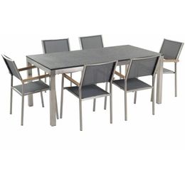 Beliani Gartenmöbel Set Schwarz Granit Edelstahl Tisch 180 cm Geflammt 6 Stühle Terrasse Outdoor Modern - Silber