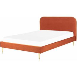 Beliani Bett Orange Samtstoff mit Lattenrost 180 x 200 cm Metallfüße Gold hohes Kopfteil Retro Glamourös Polsterbett Doppelbett Schlafzimmer - Gold