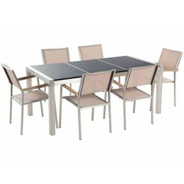 Beliani Gartenmöbel Set Schwarz Beige Granit Edelstahl Tisch 180 cm Poliert 6 Stühle Terrasse Outdoor Modern - Schwarz