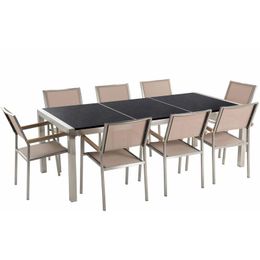 Beliani Gartenmöbel Set Schwarz Beige Granit Edelstahl Tisch 220 cm Poliert 8 Stühle Terrasse Outdoor Modern - Silber