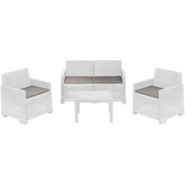 Dmora - Lounge-Set für draußen Dbagnolin, Garten-Set mit 2 Sesseln, 1 Sofa und 1 Couchtisch, Rattan-Effekt mit Kissen, 100 % Made in Italy, Weiß