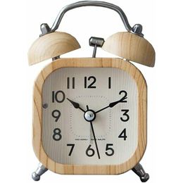 LONGZIMING Quadratischer analoger Holzwecker, 9,9 cm Doppelglocke, superleise, tickt nicht, kleine Uhr mit Nachtlicht, batteriebetrieben, Nachttischuhr