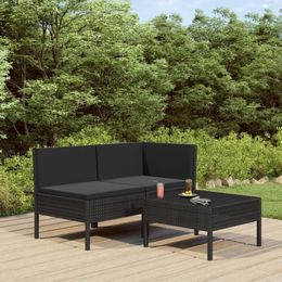 LONGZIMING 3-tlg. Garten-Lounge-Set mit Auflagen Poly Rattan Schwarz