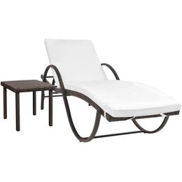 LONGZIMING Sonnenliege mit Auflage & Tisch Poly Rattan Braun