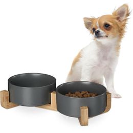 Relaxdays Hunde Napfbar Keramik, 850 ml, Futter & Wasser, Futternapf mit Bambus-Gestell, HxBxT: 9 x 32 x 17 cm, grau