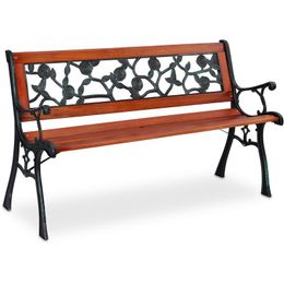 Gartenbank, Rosenmuster, 2 Sitzer, Holz & Gusseisen, Balkon & Terrasse, Sitzbank, 73x125x52,5 cm, natur/grün - Relaxdays