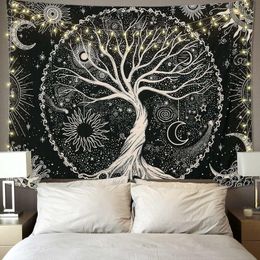 LONGZIMING Wandteppich mit Baum des Lebens, Mond und schwarze Sonne, Wandbehang, psychedelischer Wandteppich, Sternen-Mandala, Hippie-Wandteppich,