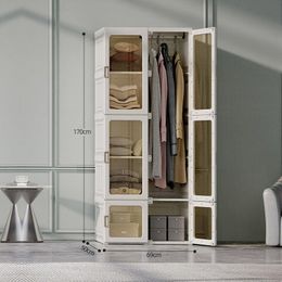 HOMMOO Kleiderschrank Faltbar Kleiderschränke, inkl. 6 transparent Tür mit magnetverschluss, 1 Kleiderstange und 10 Anzahl Fächer, Garderobenschrank Weiß