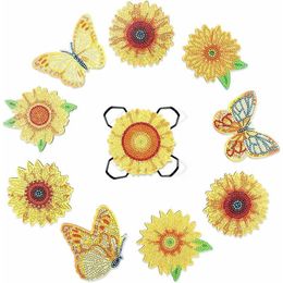 10er Set Diamond Painting Untersetzer mit Halter, diy Diamant Malerei Untersetzer Sonnenblumen Acryl 5D Glasuntersetzern Schmetterling Diamant Kunst