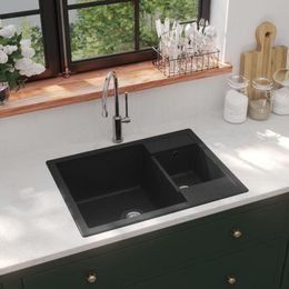 LONGZIMING - Küchenspüle mit Überlauf Doppelbecken Schwarz Granit