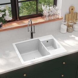 LONGZIMING Küchenspüle mit Überlauf Doppelbecken Weiß Granit