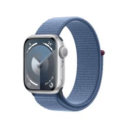 Apple Watch Series 9 GPS 41 mm Smartwatch Aluminium Textil Carbon Neutral, 130 - 200 mm, Silber/Winterblau