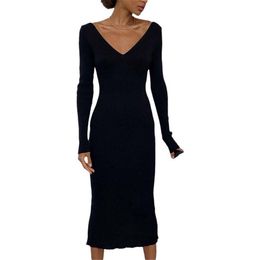 KIKI A-Linien-Kleid Damen Herbst Winter Elegant Plissee A-Linie Midikleid V-Ausschnitt