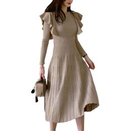 KIKI A-Linien-Kleid Elegant Damen Dickes Strickkleid Slim Fit Rüschen Pullover Kleid