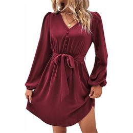 AFAZ New Trading UG Sommerkleid Kleider für Damen Minikleid Langarm V-Ausschnitt Einfarbige kleid Modisches Laternen-Langarmkleid mit V-Ausschnitt für Damen