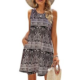 Opspring Sommerkleid Damen Ärmellos Blumen T-Shirt Strandkleid Leichte Lässige Boho Kleid