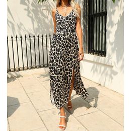 AFAZ New Trading UG Sommerkleid Sommerkleid Damen Spaghetti-Träge V-Ausschnitt Freizeit Strandkleid Bedrucktes sexy Schlitzkleid mit V-Ausschnitt