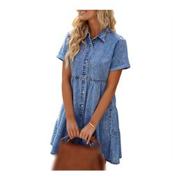 AFAZ New Trading UG Sommerkleid Damen lässig Ärmel Knopf unten gestaffelt Denim Babydoll Jean Kleid (Modisches Damen-Jeans-Midikleid mit kurzen Ärmeln) Kleid Jeanskleid Damen Knielang Button Down Casual Kleider