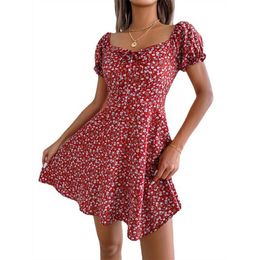 AFAZ New Trading UG Sommerkleid Damen Kleid Lässig Sommerkleid Blumendruck Hohe Taille Kleider (Damenmode-Kleid mit Glockenärmeln