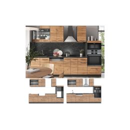 VICCO K&uuml;chenzeile K&uuml;chenblock Einbauk&uuml;che Fame-Line Anthrazit Eiche 300 cm modern K&uuml;chen Schr&auml;nke Schubunterschrank Unterschrank Sp&uuml;lenunterschrank H&auml;ngeschrank Mikrowellenschrank Geschirrsp&uuml;lerblende