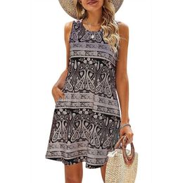 AFAZ New Trading UG Strandkleid Sommerkleider Damen Ärmellos Blumen T-Shirt Strandkleid Leichte Lässige Taschen Boho Tank Kleid