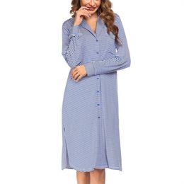 AFAZ New Trading UG Hausanzug Langarm-Kleid mit gestreiftem Nachthemd und Knopfleiste