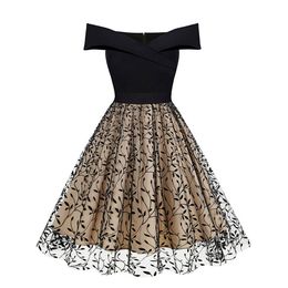 AFAZ New Trading UG Sommerkleid Damen 50er Jahre Vintage Elegant Off Shoulder Mesh Swing Kleid Festlich Hochzeit Coctailkleid