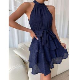 AFAZ New Trading UG Sommerkleid Damen Freizeitkleid Ärmellos Neckholder Sommerkleid Elegant Swing Blau A-Linie Strandkleid Langes Maxikleid mit Gürtel