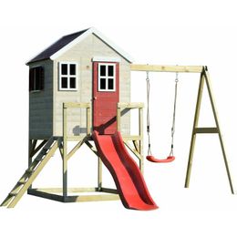 Kinderspielhaus, Stelzenhaus Elefant mit Veranda, Schauckel und Rutsche holz / rot - WENDI TOYS