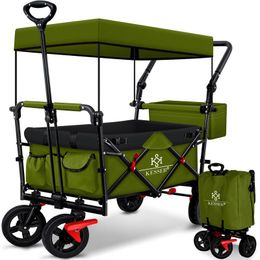 Bollerwagen faltbar GT9000 mit Dach Handwagen Transportwagen inkl. 2x 3-Punkt Gurtsystem klappbar Vollgummi-Reifen bis 80 kg Khaki - Khaki - Kesser