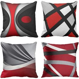 Set mit 4 modernen abstrakten Kissenbezügen, rot und schwarz, weiß, gewellt, vertikale Punkte, dekorative Kissenbezüge, Heimdekoration, geometrisch,