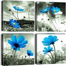 4 Teilig Leinwandbilder mit Blaue Blumen Motiv Kunstdruck - Moderne Wandbild für Badezimmer Wohnzimmer Wanddekoration - 30 x 30 cm
