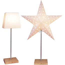 Tischlampe mit Wechselschirm Leo von STAR TRADING 3D Papierstern Weihnachten oder eckiger Lampenschirm in Weiß mit Fuß aus Holz und Metall, Dekostern