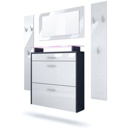 Vladon Garderobenset Garderobe Paneele Schuhschrank Spiegel Malea Anthrazit - Fronten in Weiß Hochglanz mit rgb led Beleuchtung - Fronten in Weiß Hochglanz