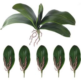 6 stücke Phalaenopsis Orchideen Künstliche Blätter Echte Wurzeln Latex Touch Pflanzen Grüne Gefälschte Blattanordnung