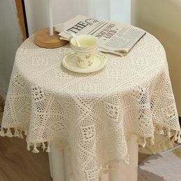 Fvbjd - Beige Spitzentischdecken mit Quasten, waschbare gehäkelte Vintage-Baumwolltischdecke für Abendessen, Hochzeit, Party, Bankett, Dekoration, 90