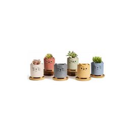 Keramik-Blumentopf mit Bambus-Tablett, 6er-Set, Kleintier-Pflanzgefäß, grobe Keramik, matte Oberfläche, Pflanzbehälter für den Innenbereich, Zuhause,
