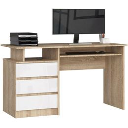 Akord - PC-Schreibtisch clp in der Farbe Sonoma-Eiche mit 3 Schubladen Front Weiß Hochglanz und 2 Ablagen B135 x H77 x T60 cm