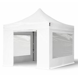 3x3 m Faltpavillon, premium Stahl 40mm, feuersicher, Seitenteile mit Panoramafenstern, weiß - weiß