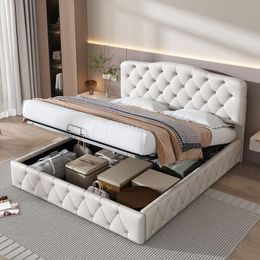 Hydraulisches Betten mit Stauraum Truhenbett Sofabett mit Höhenverstellbares Kopfteil Kunstleder140 x 200 cm Weiß - Weiß