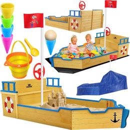 Sandkasten Ahoi - Piratenschiff Boot Segelschiff aus Holz Inkl. Abdeckung Bodenplane Sitzbank Flaggenmast Sandspielzeug Blau - Blau - Kidiz