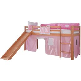 Relita Hochbett Toby Buche Massiv mit Rutsche + Stoffset rosa/wei