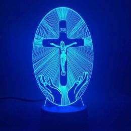 Jesus Christus Kreuz 3D Nachtlicht – 7 wechselnde Farben – Berührungslichter mit Acrylsockel, ABS-Sockel und USB-Kabel