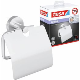 Tesa - moon Toilettenpapierhalter mit Deckel, verchromt - WC-Rollenhalter zur Wandbefestigung ohne Bohren, inkl. Klebelösung - 53 mm x 140 mm x 128 mm