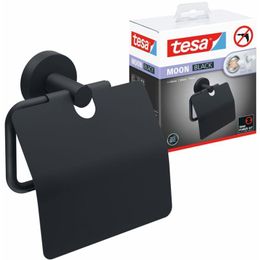 Tesa - moon black Toilettenpapierhalter mit Deckel, matt schwarz - WC-Rollenhalter zur Wandbefestigung ohne Bohren, inkl. Klebelösung - 53 mm x 140