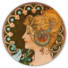 K&L WALL ART Alu-Dibond-Poster Rund Metalloptik Wandbild Feder Mosaik Art Nouveau Deko Portrait Mucha ø 45cm - braun