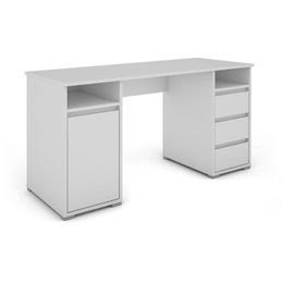 ByLiving - Schreibtisch lobo / Arbeits-Tisch in Weiß / Computer-Tisch mit 3 Schubladen, 1 Tür und 2 offenen Fächern / Große Arbeits-Fläche 138 x 55cm