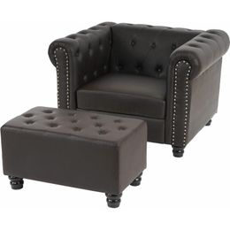HHG Neuwertig] Luxus Sessel Loungesessel Relaxsessel Chesterfield Edinburgh Kunstleder runde Füße, braun mit Ottomane - brown